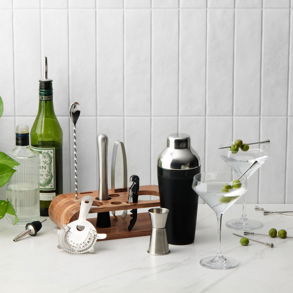 Salisbury & Co Barman Cocktail Set with Acacia Stand 10pc Black/Silver ...